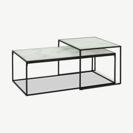 Mino salontafel, marmeren look uit glas & zwart frame (set van 2 ...